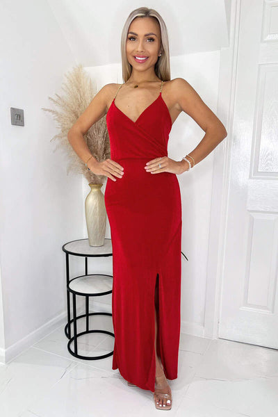 Red Wrap Top Ruched Side Chain Strap Midi Dress – AX Paris