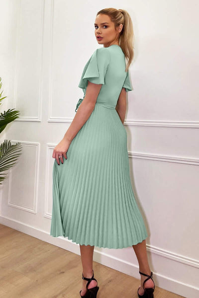 Duck Egg Pleated Midi Dress with Tie Waist – AX Paris
