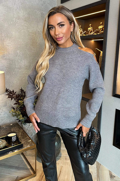 Mid- Grey Cut Out Shoulder Chain Detail Knit Jumper – AX Paris