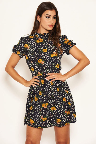 Navy Mixed Floral Frilled Skater Dress Ax Paris