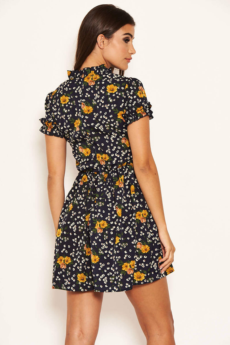 Navy Mixed Floral Frilled Skater Dress Ax Paris